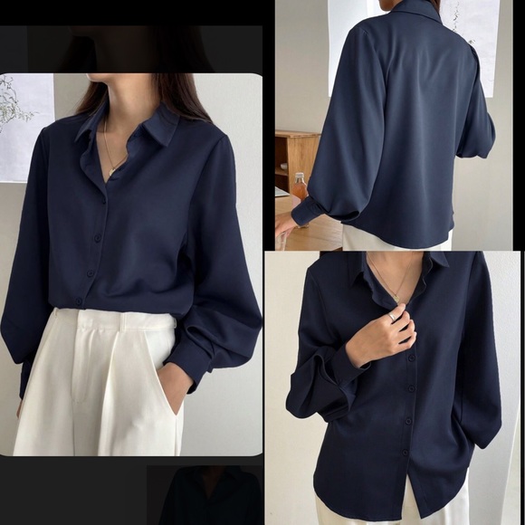 Tops | Navy Blue Button Up Collared Puff Sleeve Blouse Shirt | Poshmark